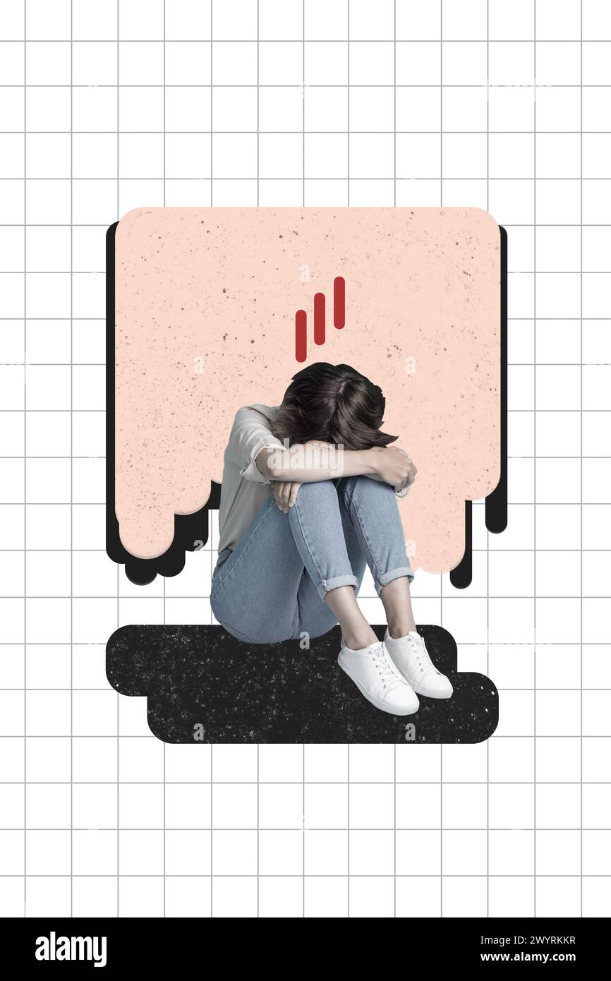 Vertical photo collage of upset depressed girl hug knee hopeless mental ...