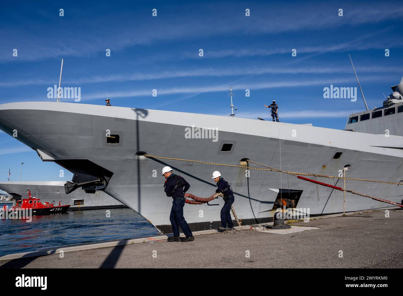 Toulon, France. 04th Apr, 2024. Sailors take part in the docking of the ...
