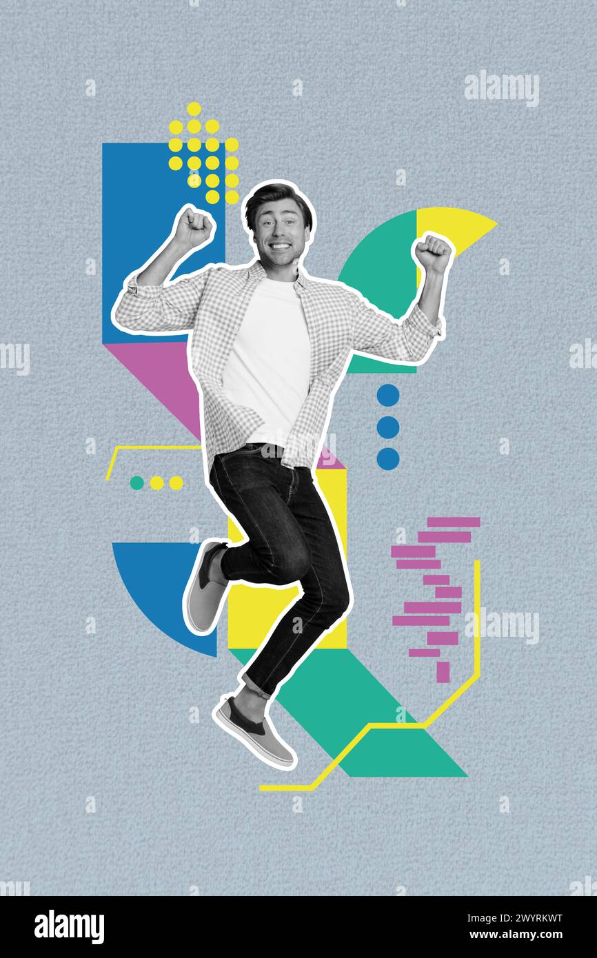 Vertical image collage of happy businessman jump charts diagram ...