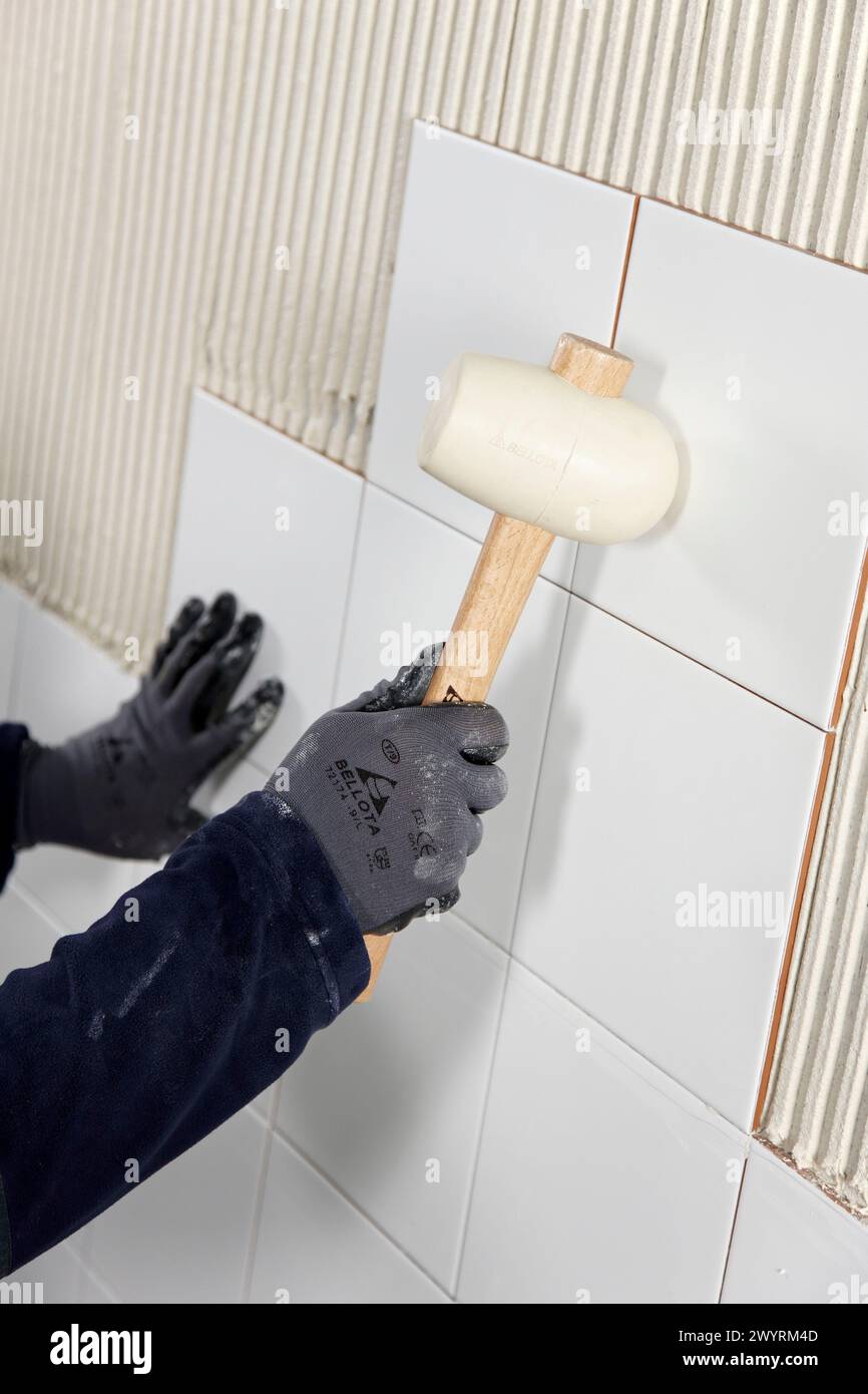 Laying tiles on glue mortar-covered wall using rubber mallet, new homes ...