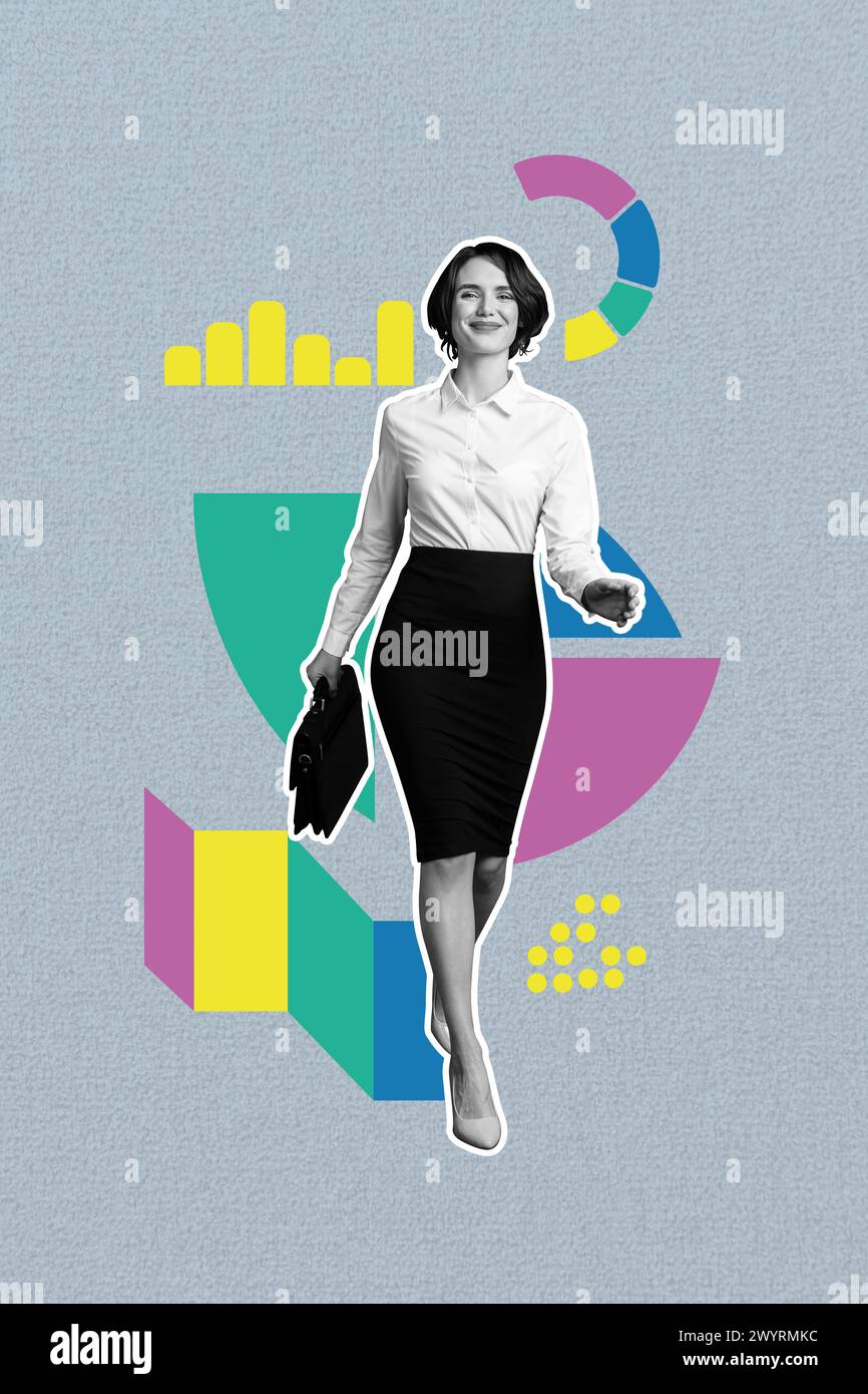 Vertical image collage of happy smile businesswoman walk hold briefcase ...