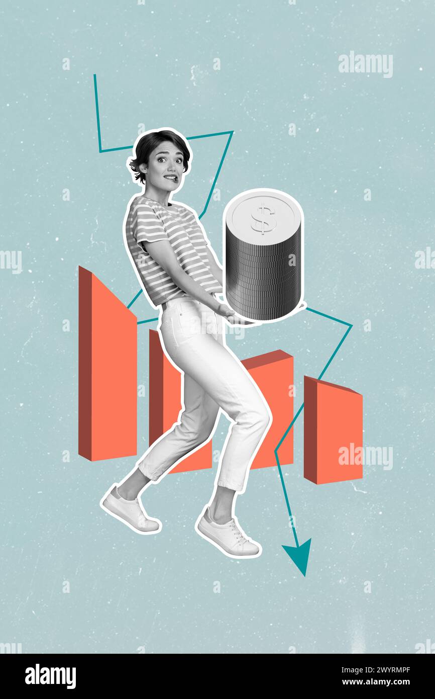 Vertical photo collage of upset girl hold stack coin arrow down ...