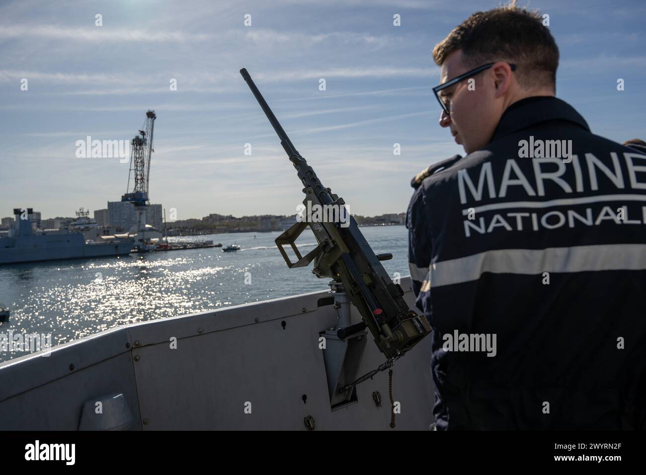 Toulon, France. 04th Apr, 2024. A machine gun aboard the FREMM-DA ...