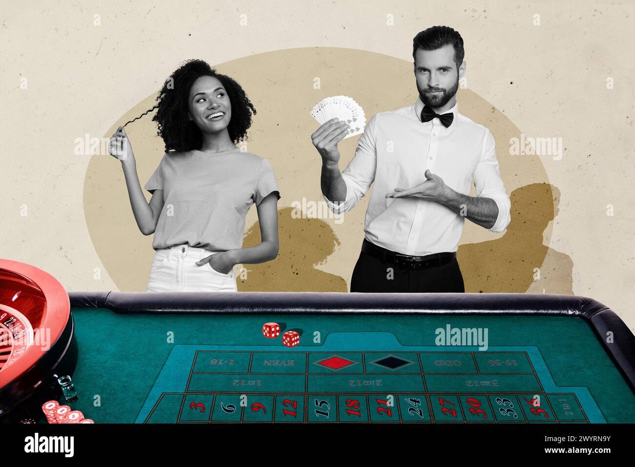 Creative photo collage young happy cheerful woman gentleman casino ...