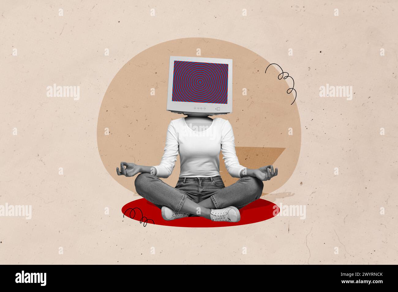 Creative collage picture young headless woman meditating computer ...