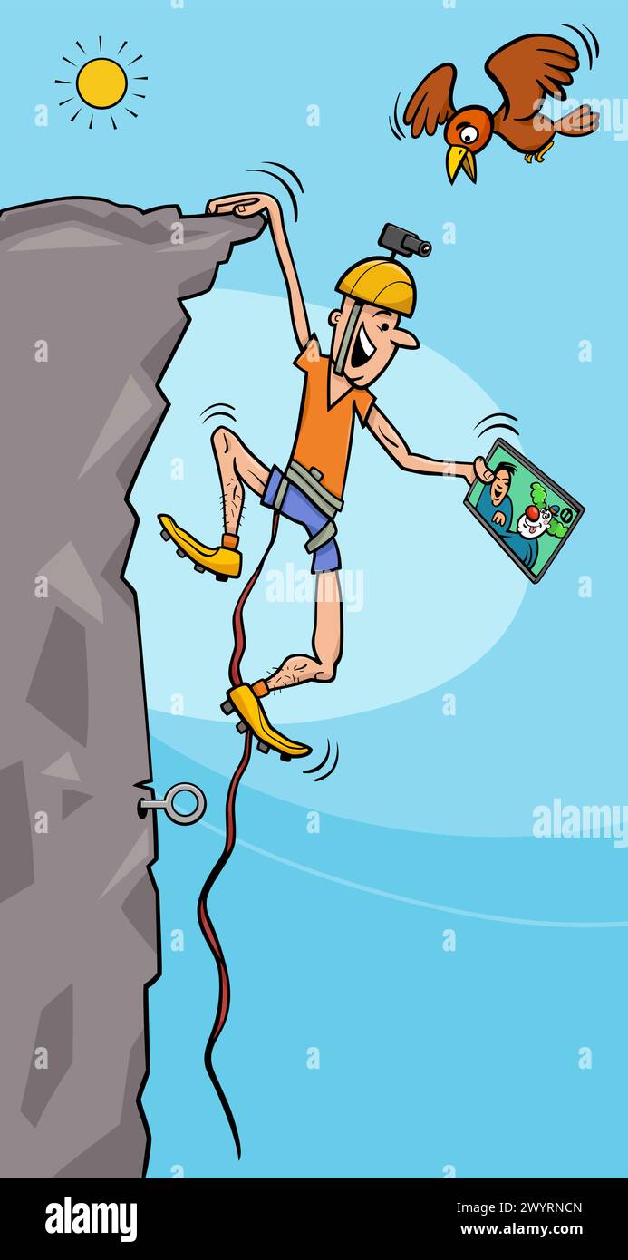 Cartoon humorous illustration of a climber man watching a movie or ...
