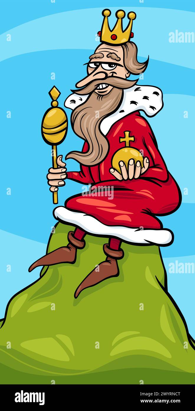 Cartoon humorous concept illustration of king of the hill saying or ...