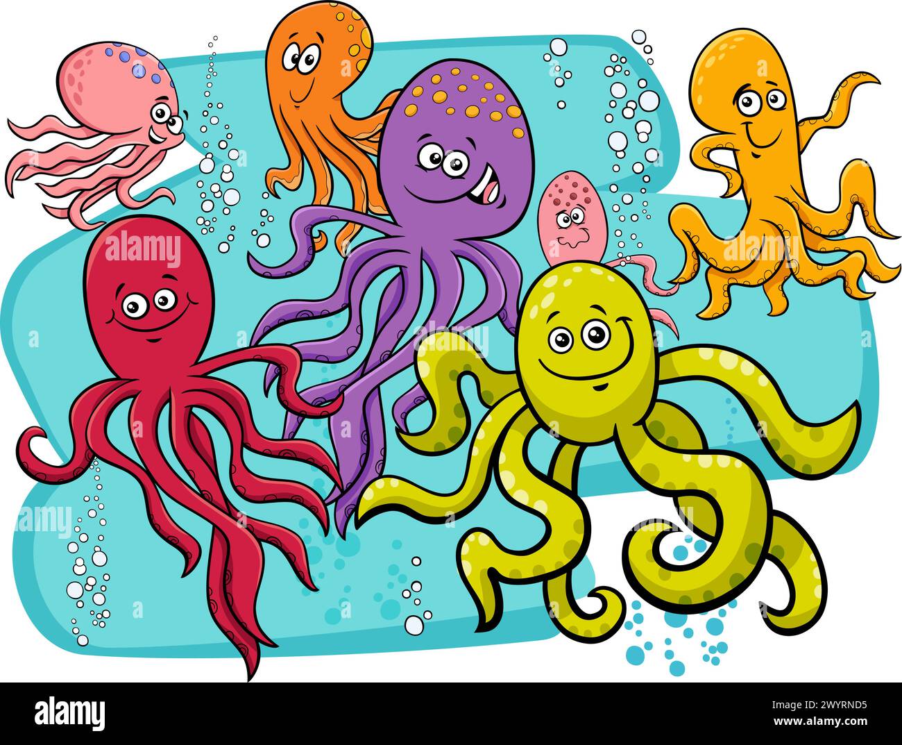 Cartoon illustration of octopus sea animal characters underwater Stock ...
