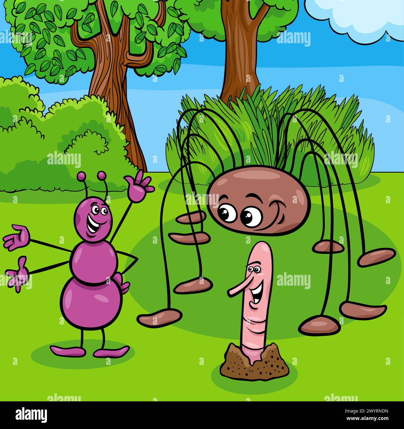 Cartoon illustration of ant and long legs opilion arachnid with ...