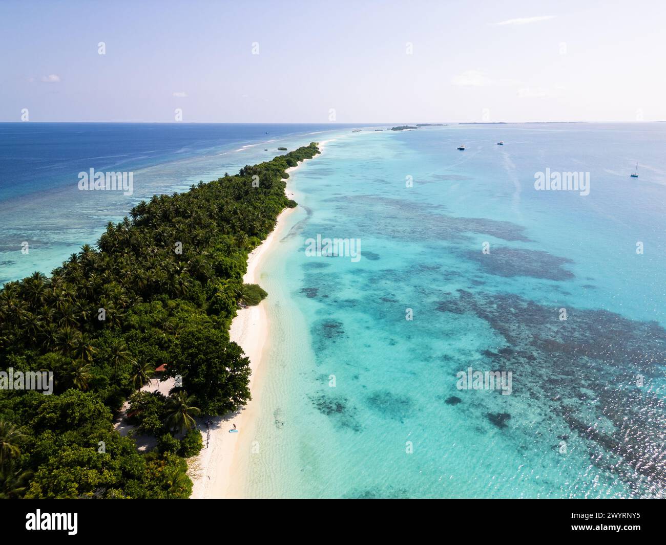 Aerial view of the Dhigurah island in the Maldives famous for its long ...