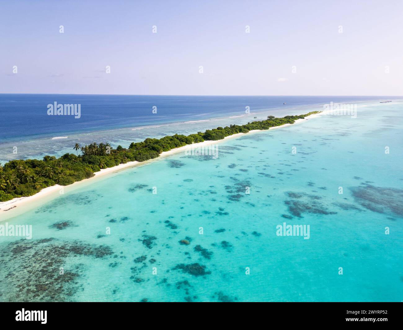 Aerial view of the Dhigurah island in the Maldives famous for its long ...
