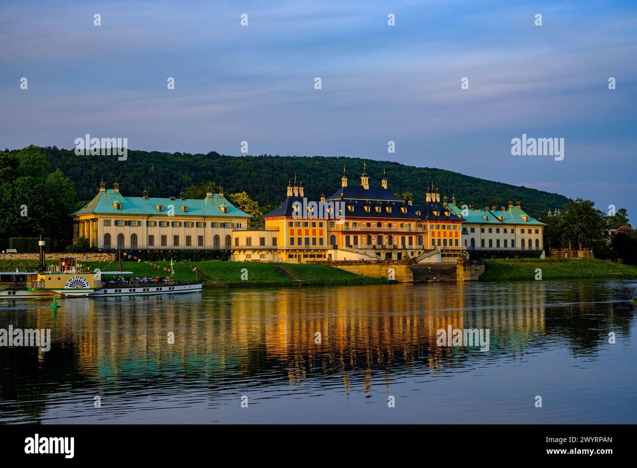 The historic side-wheel steamer KRIPPEN passes Pillnitz Palace in the ...