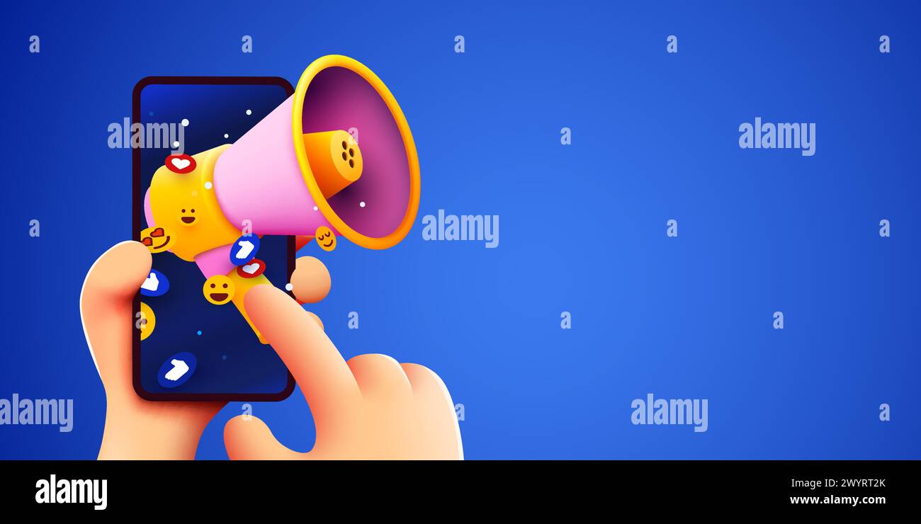 Cute cartoon hands holding mobile smartphone with megaphone. Social ...