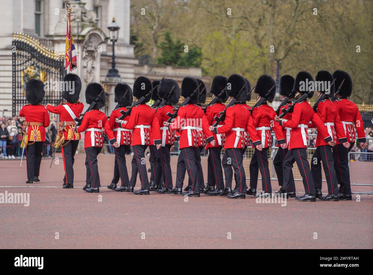 London 8 April 2024 . Members the Scots Guards regiment take part in a ...