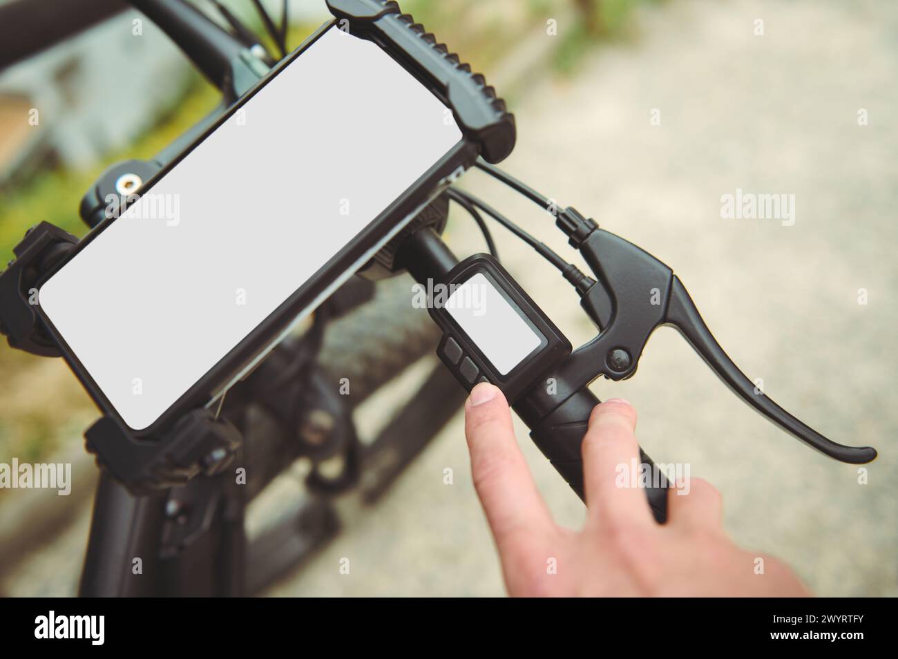 Close-up of a man planning route using GPS navigation application in ...