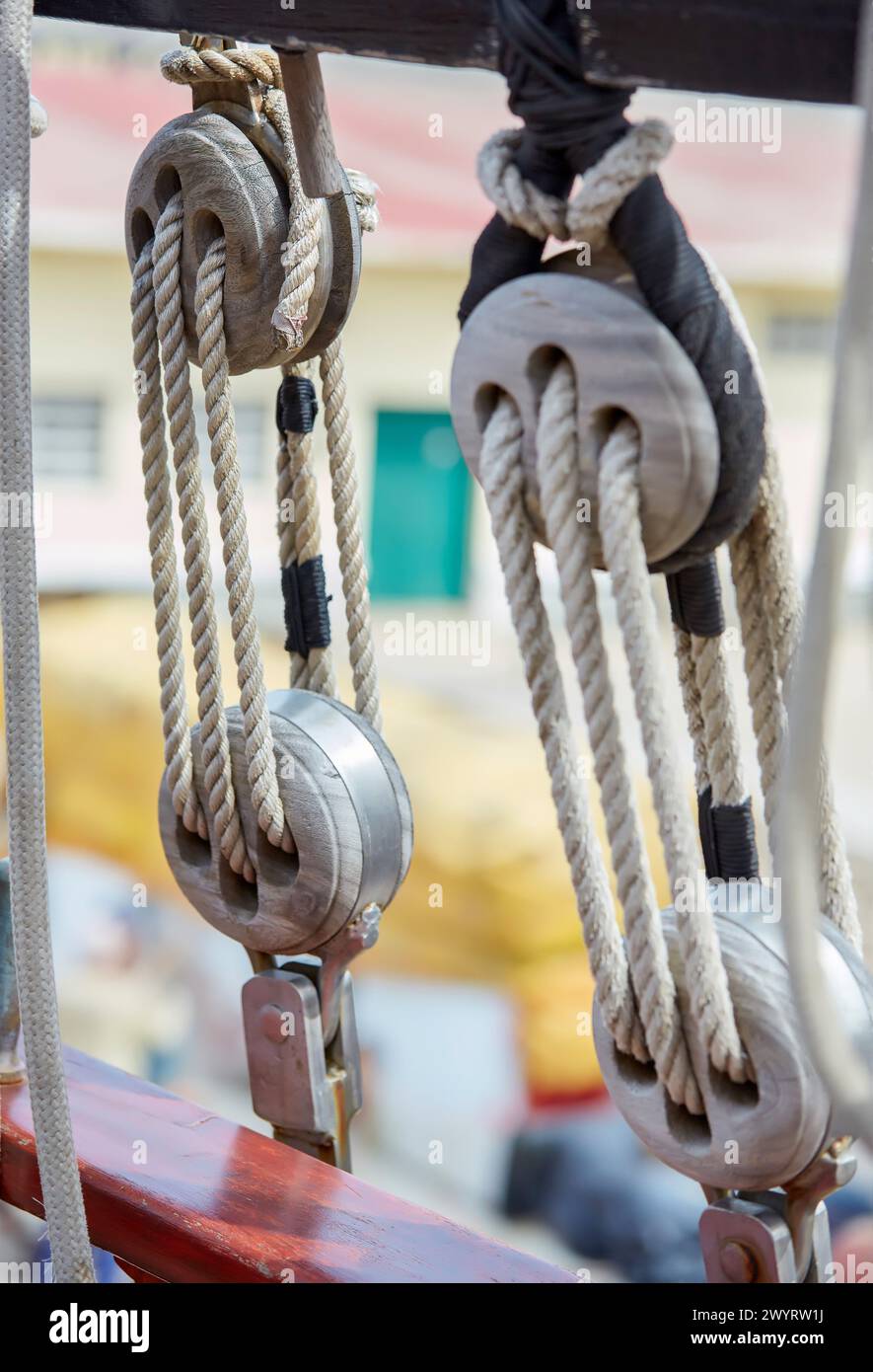 Pulleys and ropes of the sails of a sailboat galleon. Basque Country ...