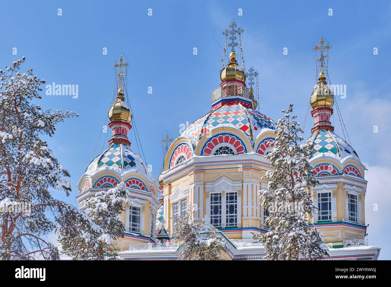 Colorful domes of Ascension Cathedral. Winter landscape. Russian ...