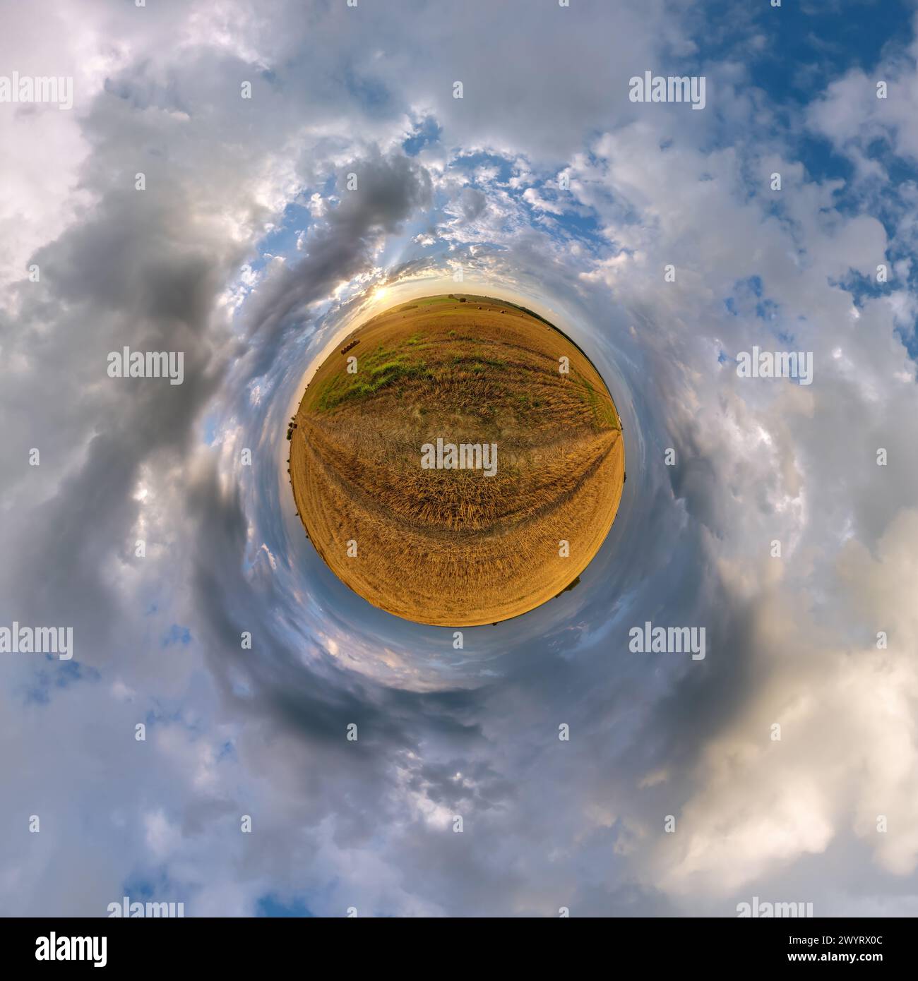 simple tiny planet without buildings in blue sky with beautiful clouds ...