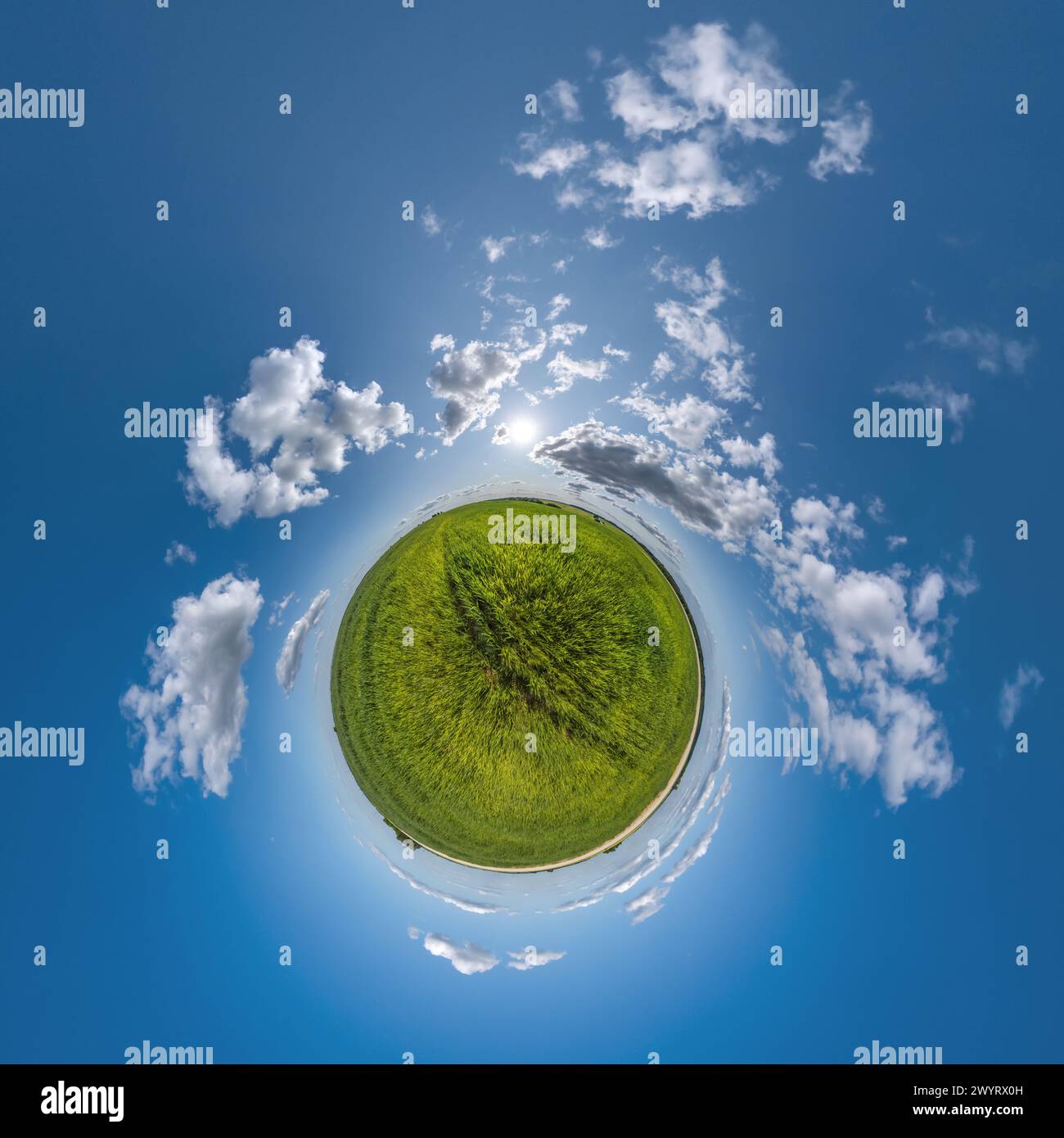 simple tiny planet without buildings in blue sky with beautiful clouds ...