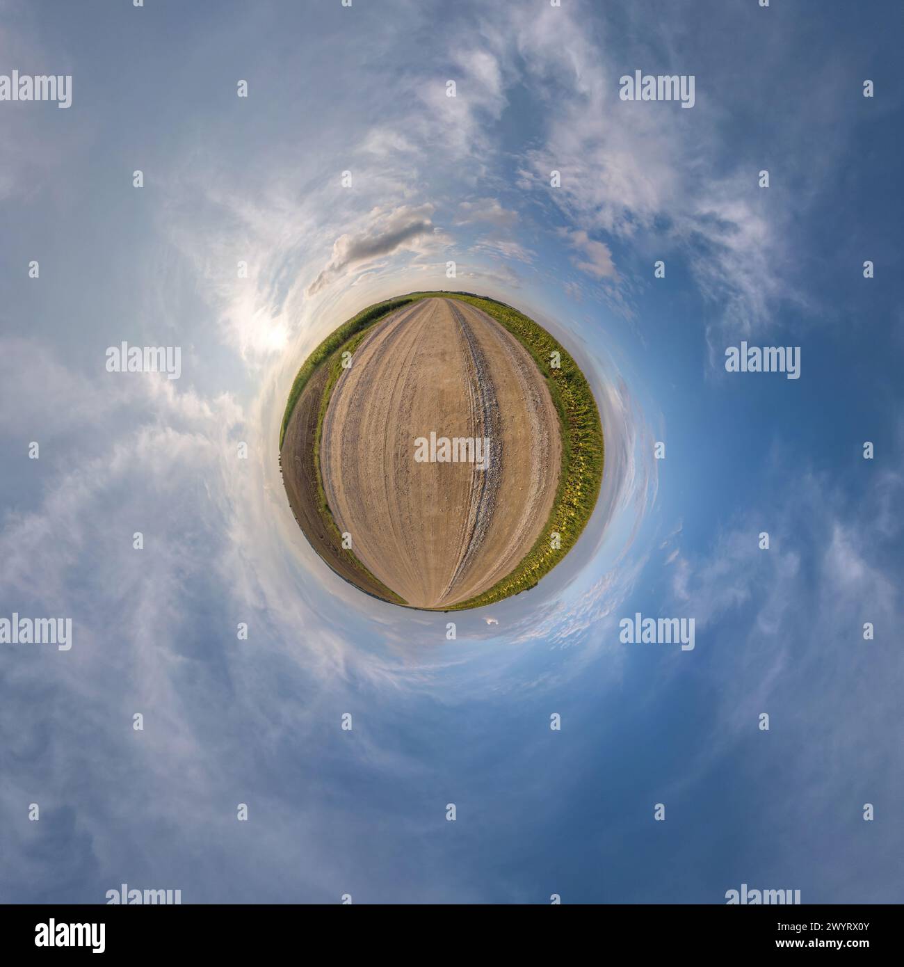 simple tiny planet without buildings in blue sky with beautiful clouds ...