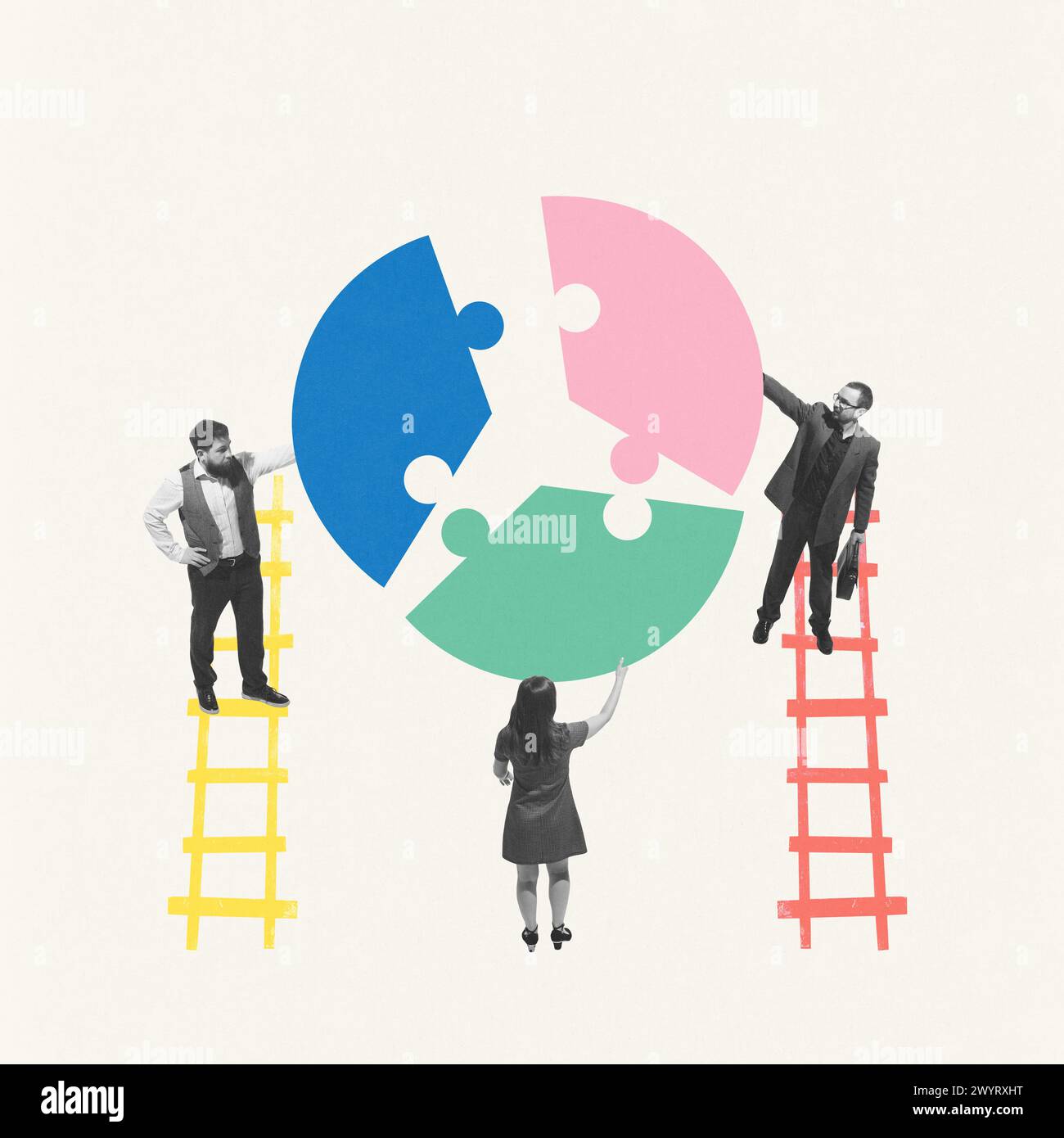 Contemporary art collage. Motivated young people working in team and ...