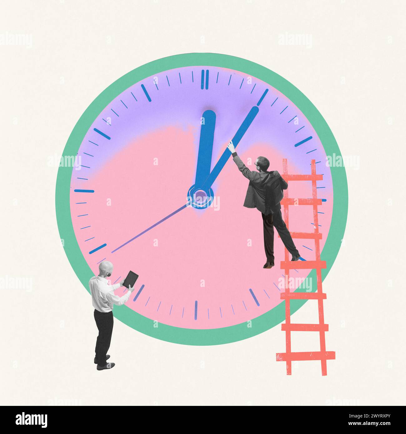 Contemporary art collage. Young man stand on ladder near huge clock ...