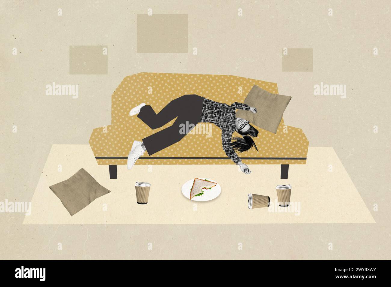 Composite photo collage of lazy girl lie sofa mess plate sandwich ...