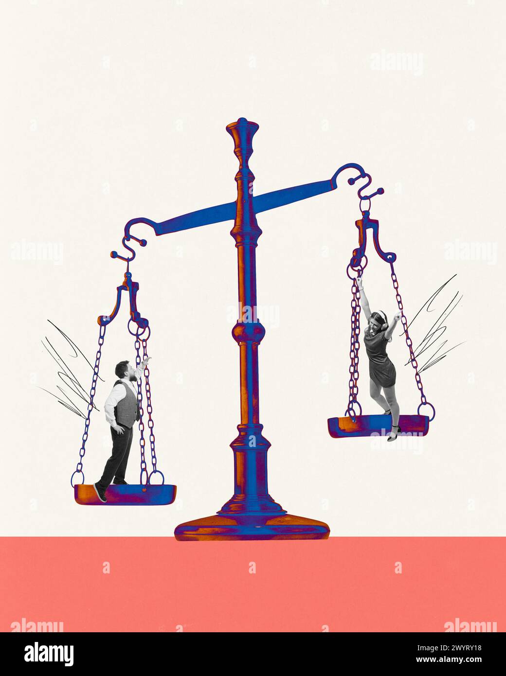 Contemporary art collage. Motivated, busy young man and overjoyed woman ...