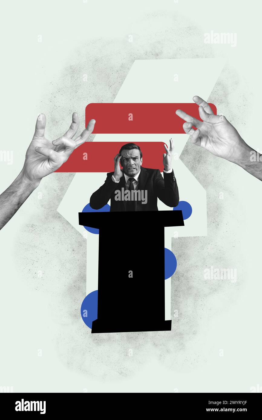 Vertical image collage of angry man interview stress lie propaganda ...