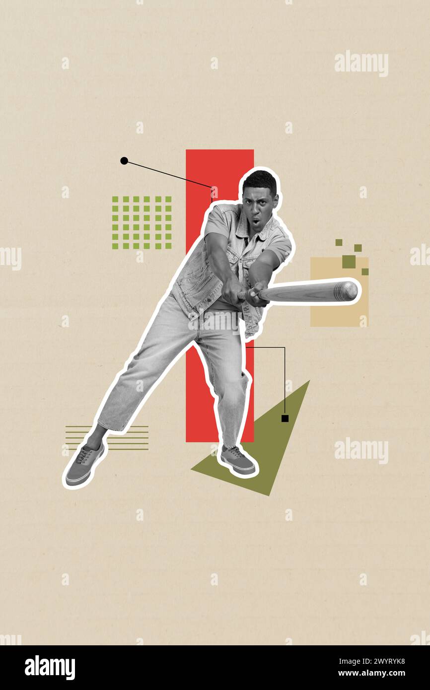 Vertical photo collage of serious american guy hit ball bat baseball ...