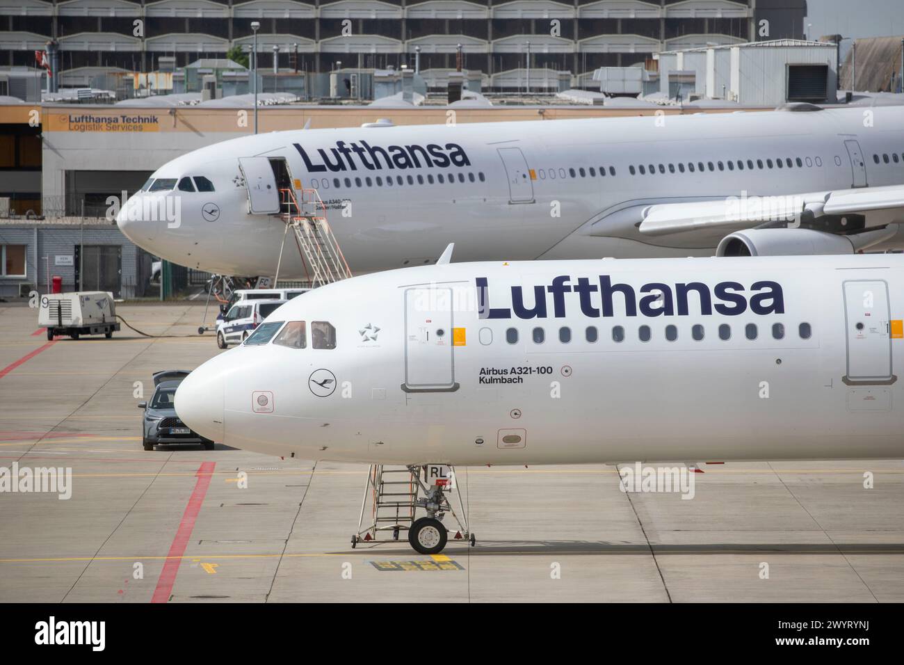 08 April 2024, Hesse, Frankfurt/Main: An Airbus A340-300 and an Airbus ...