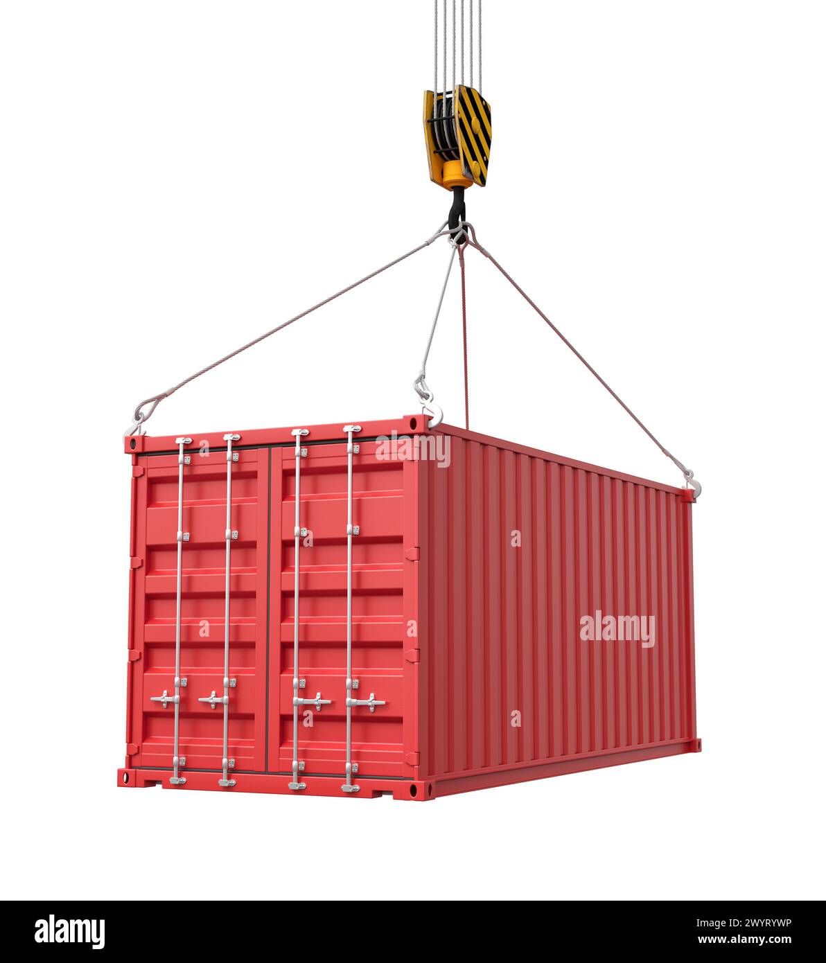 3d rendering of closed red cargo container suspended from crane ...