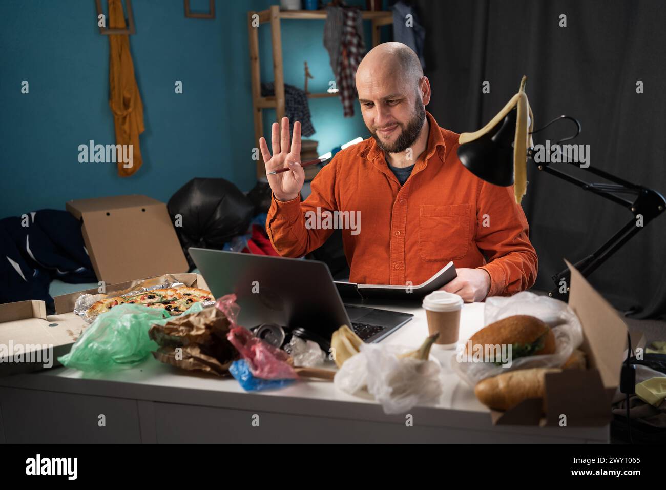 Man on remote work or online education, using laptop computer, having ...