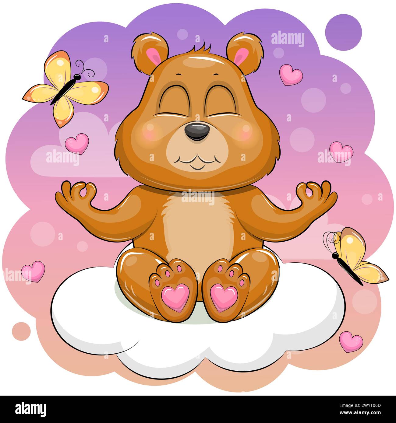 A cute cartoon brown bear is meditating on a cloud. Vector illustration ...