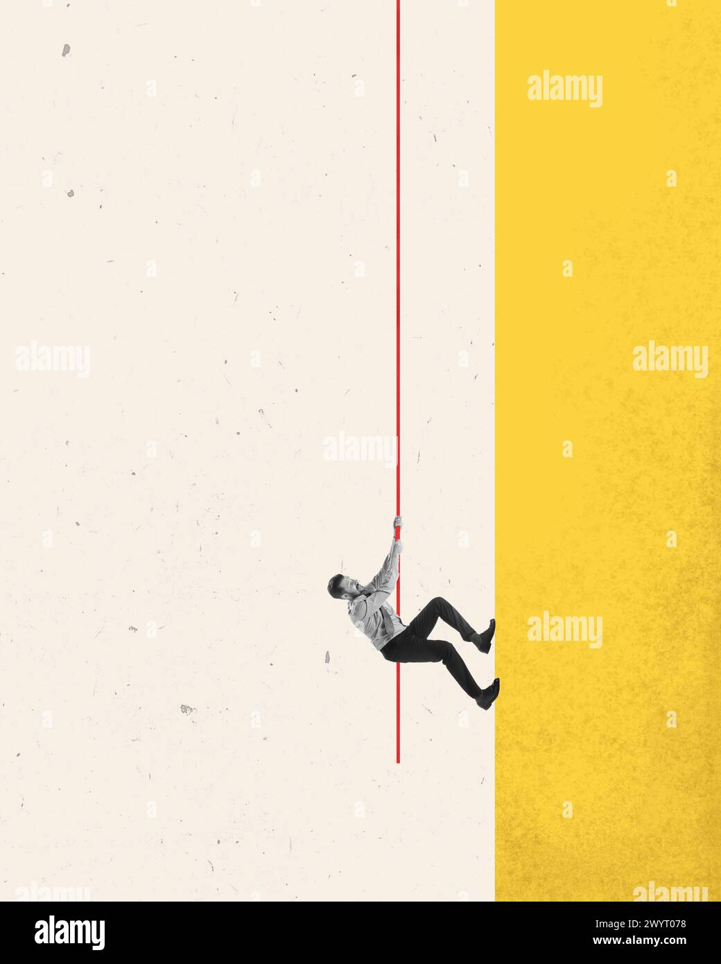 Contemporary art collage. Motivation. Man, employee climbs up holding ...