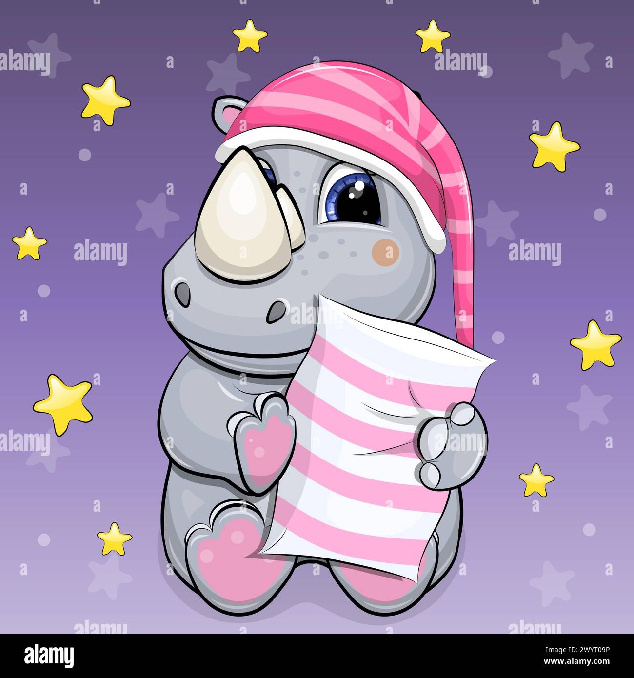 Cute cartoon rhinoceros wearing a pink nightcap and holding a pillow ...