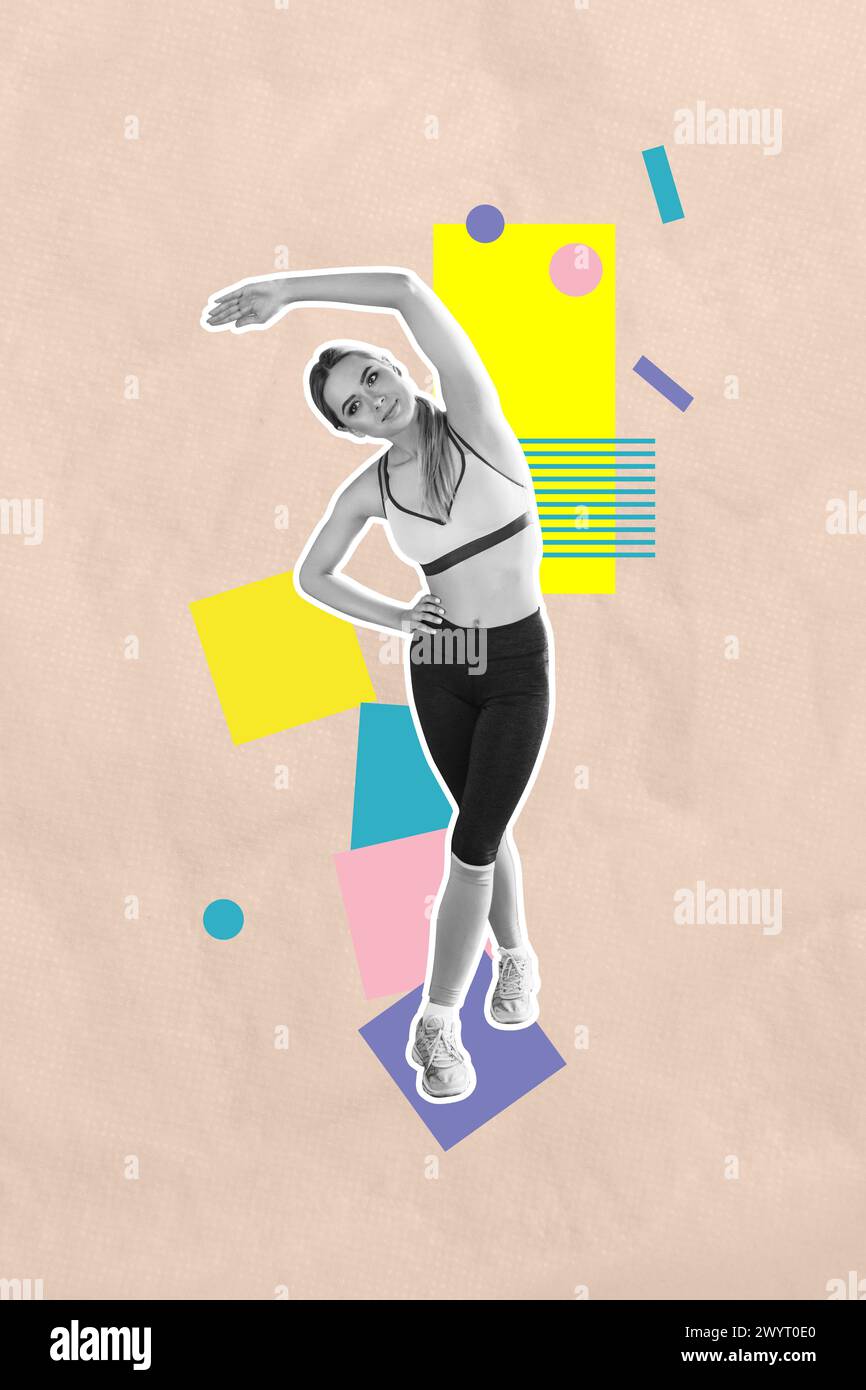 Vertical photo collage of young girl do sport incline warm up marathon ...