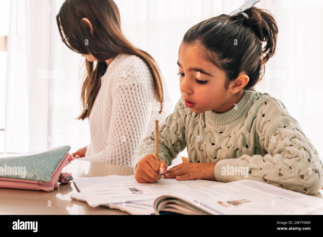 Concentrated girl writing and doing school homework Stock Photo - Alamy