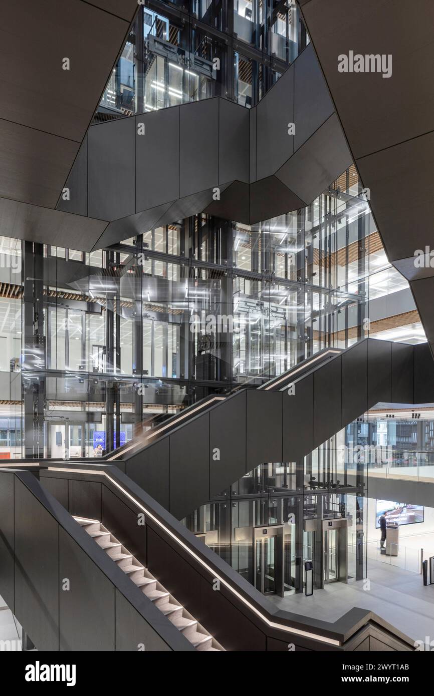 Internal atrium with lift shafts and flying staircases. 150 Holborn ...