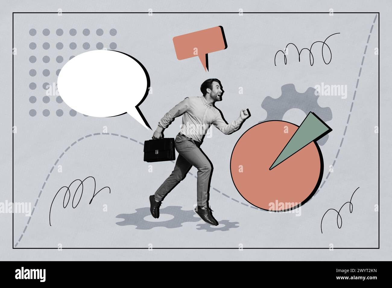 Composite photo collage of happy businessman run hold briefcase diagram ...