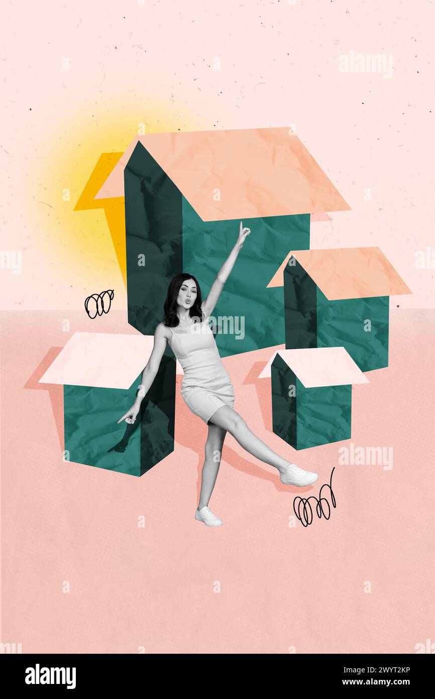 Vertical photo collage of happy girl dance pile boxes international ...