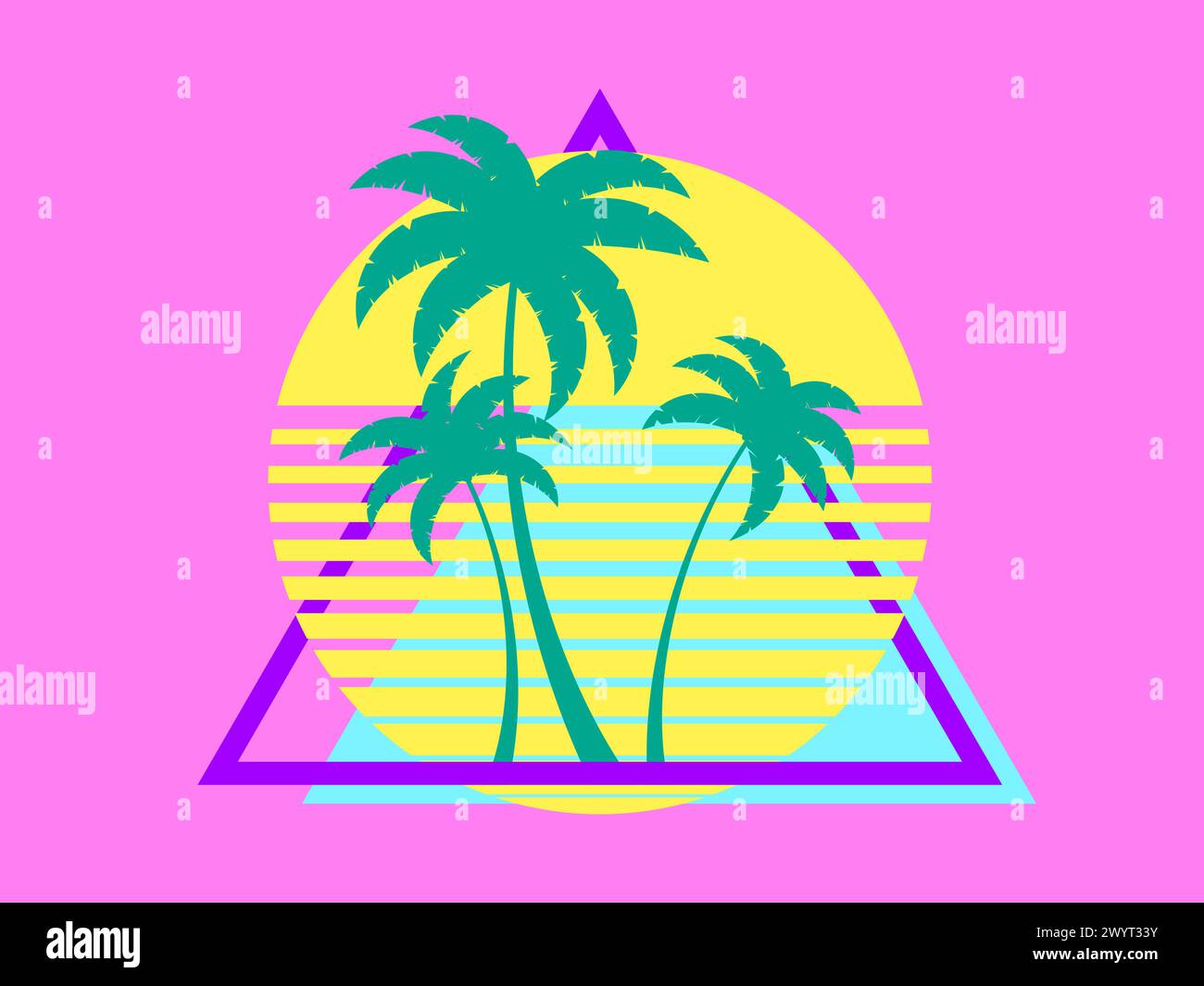 Retro futuristic sunset with palm trees and triangle in 80s style. Sci ...
