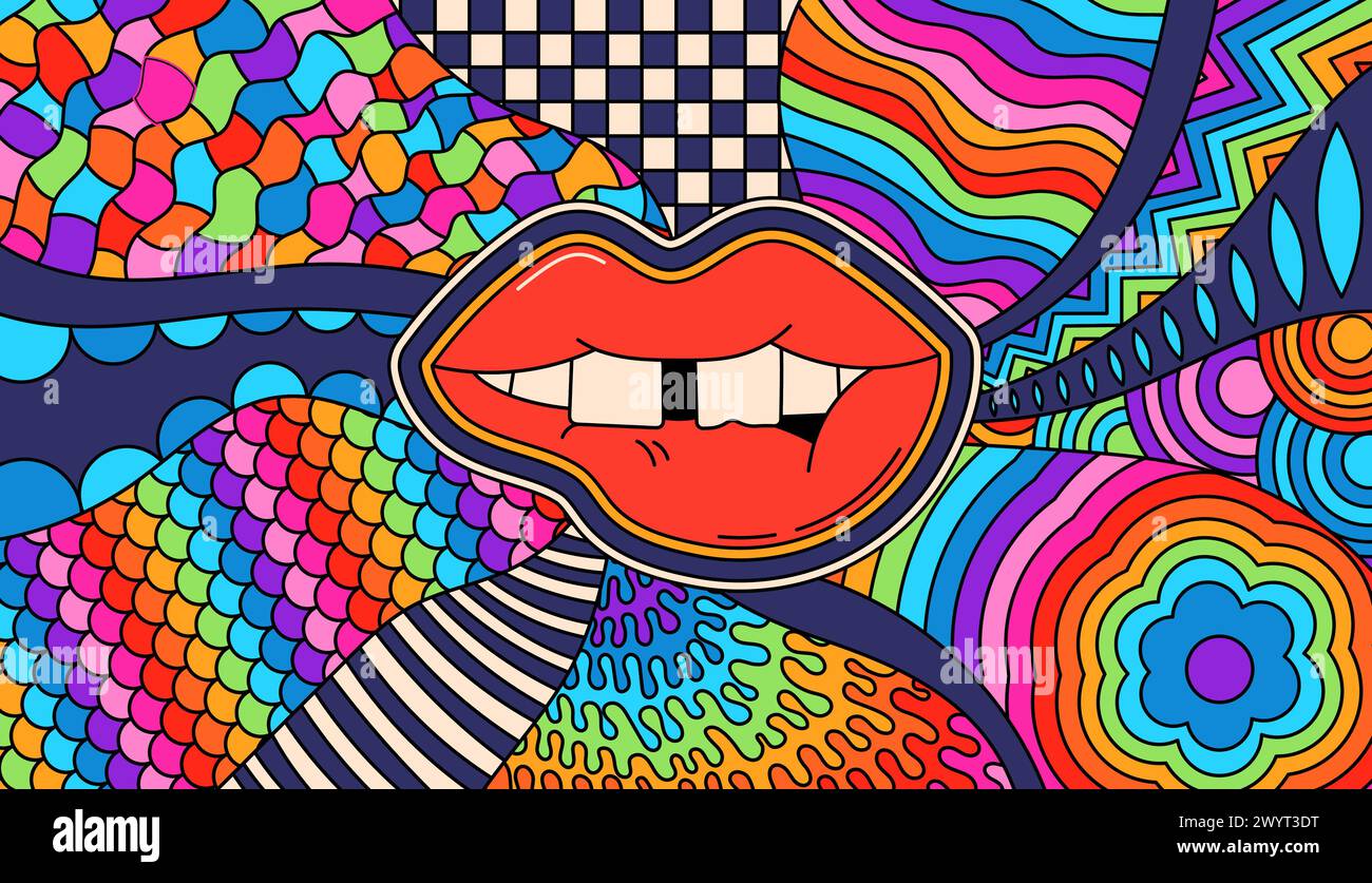 Psychedelic groovy lips with. Zentangle coloring page for adult Stock ...