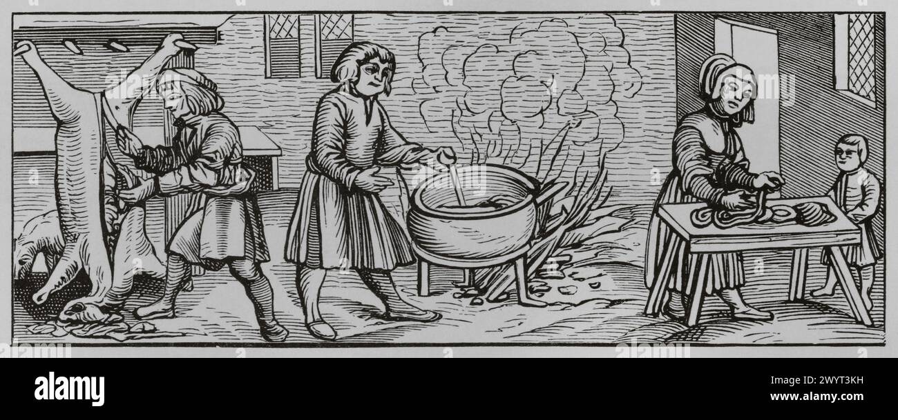 Interior of a kitchen. Butcher eviscerating a pig and people preparing ...