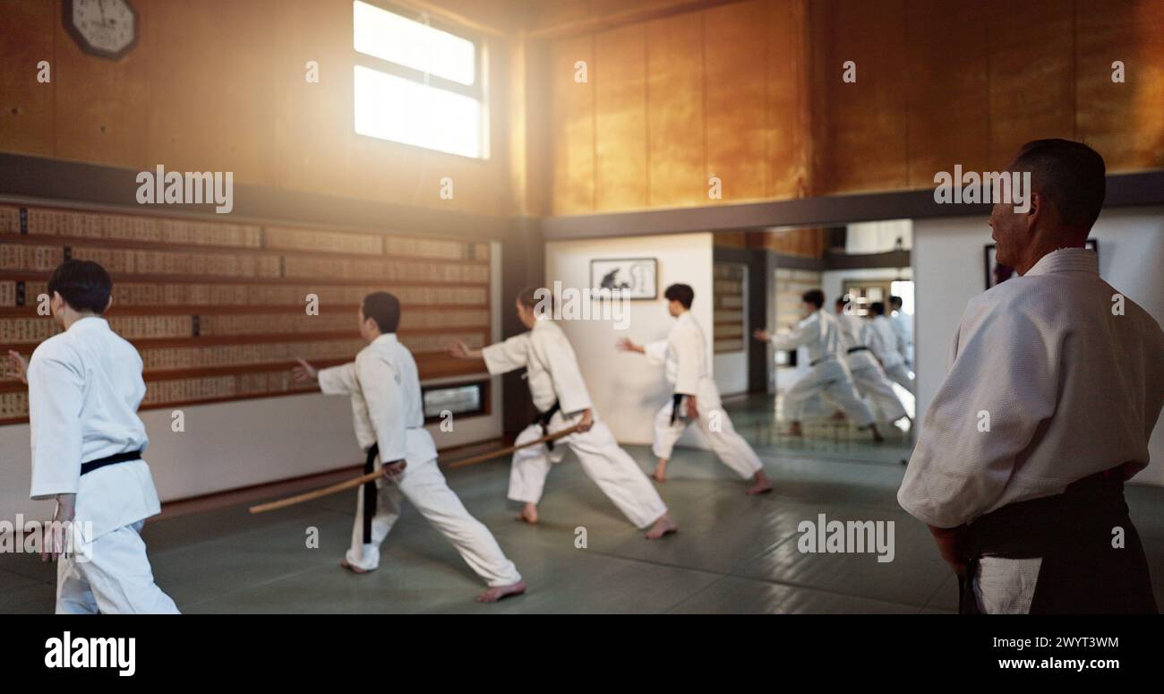 Japanese students, teaching or sensei in dojo to start aikido practice ...