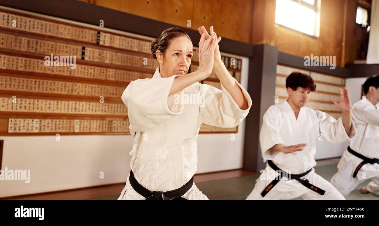 Aikido dojo, people and fight for martial arts, strike or together for ...