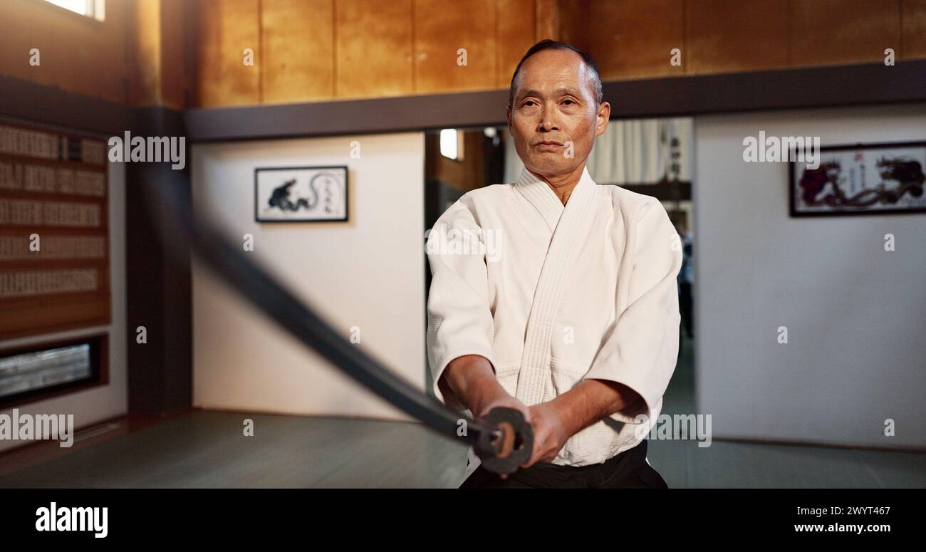 Japanese master, aikido and training with sword, modern martial arts ...