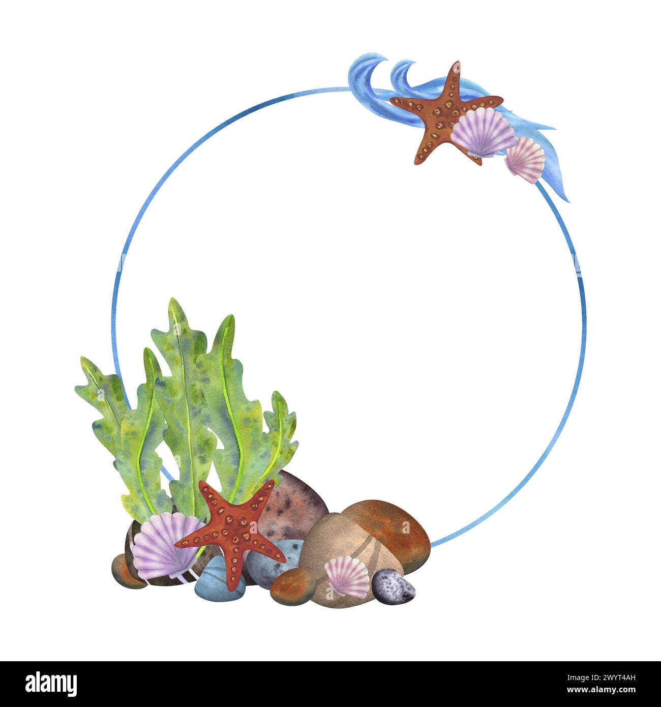 Marine composition, frame, template on a white background. Sea stones ...