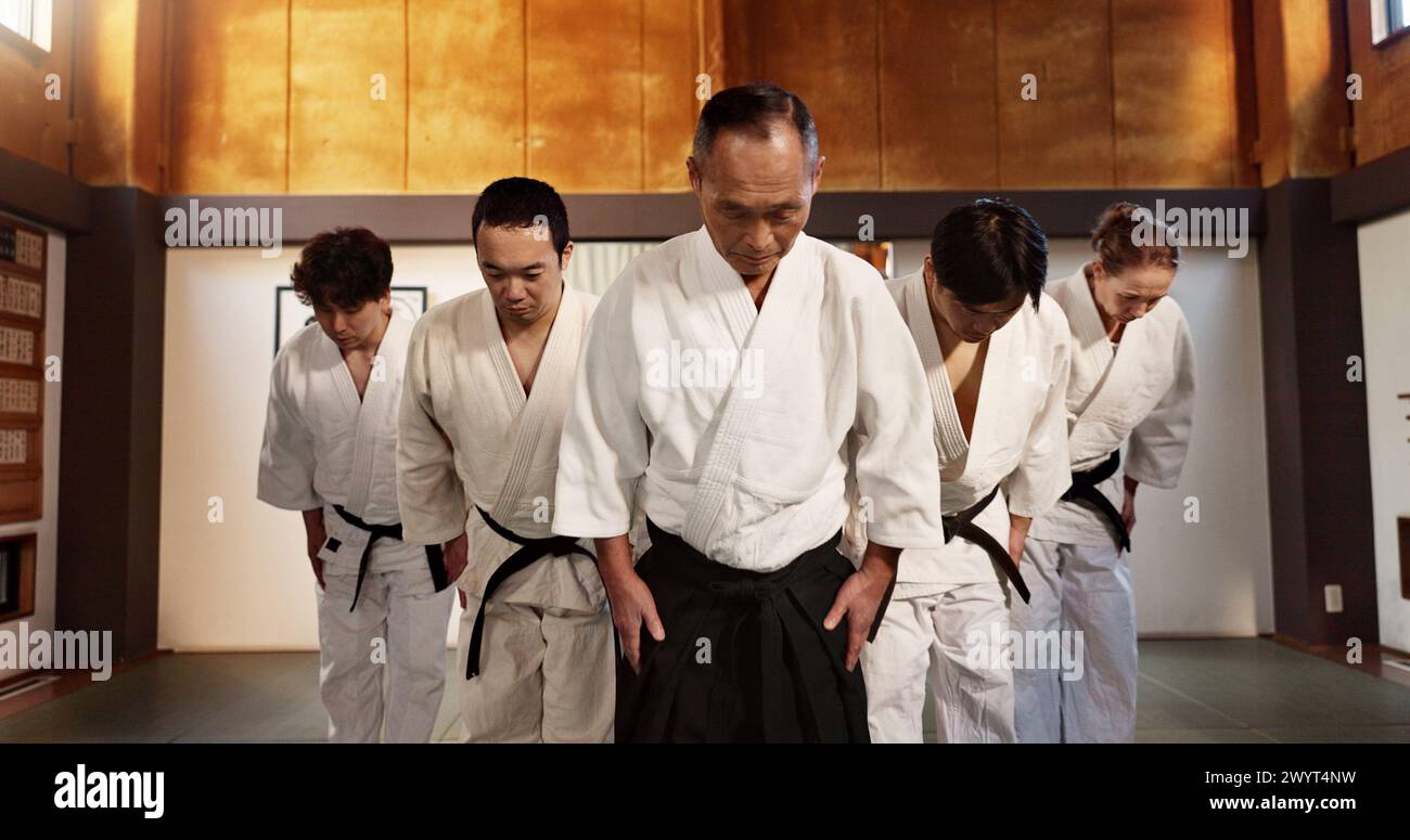 Japanese people, bow and respect in aikido in dojo place, training and ...