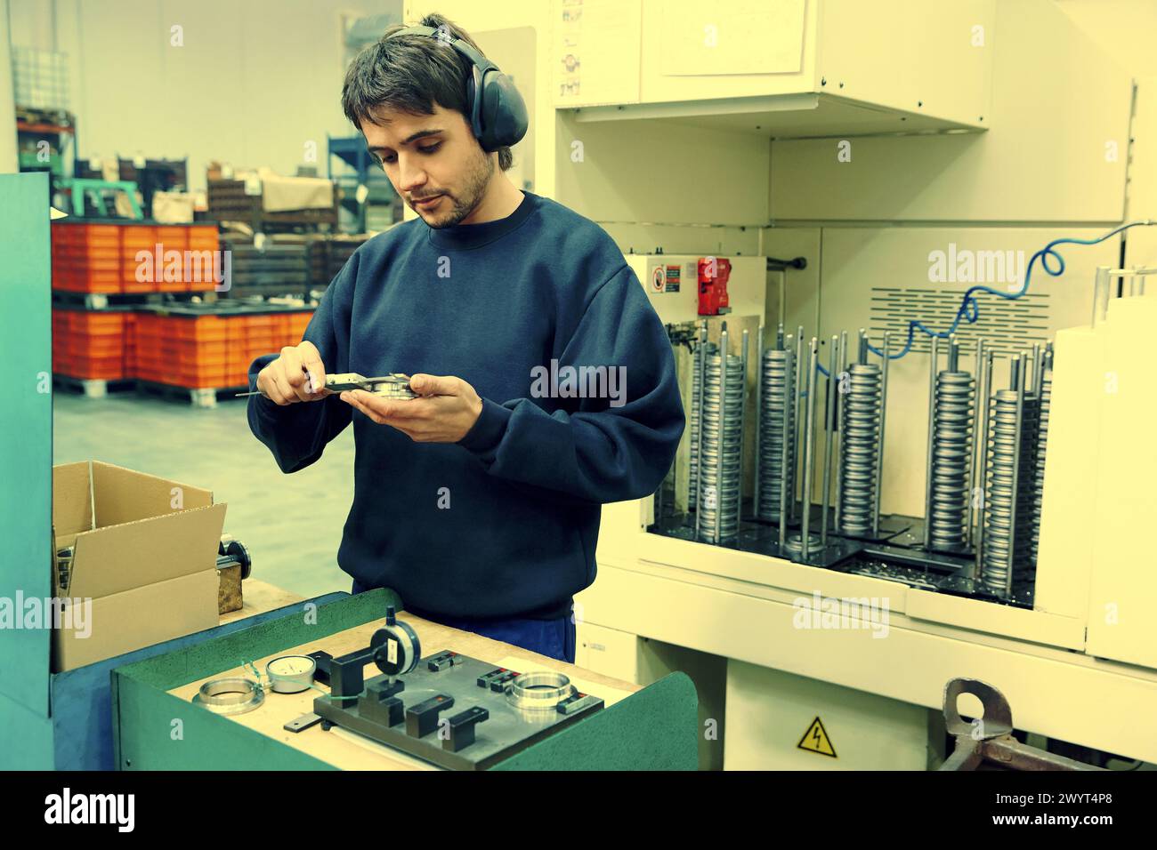 Worker Measuring With Caliper Area Automated Cnc Lathes Machined Indecober Machining Of